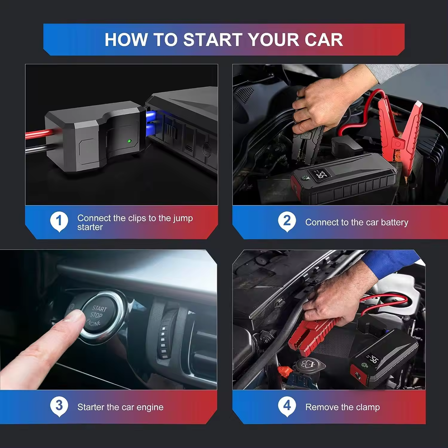 12V Portable Car Jump Starter Cables Intelligent Automotive Emergency ...